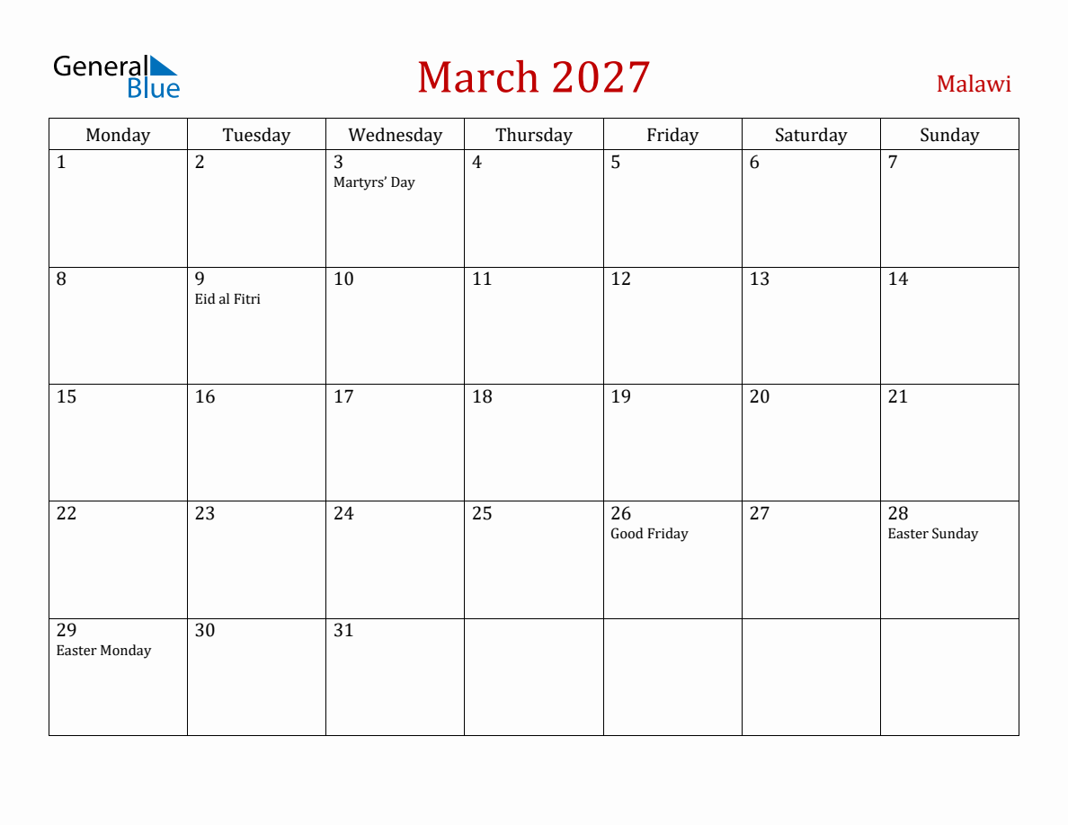 March 2027 Malawi Monthly Calendar with Holidays (Monday Start)