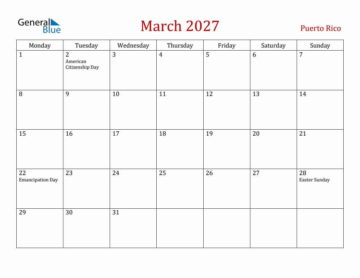 March 2027 Puerto Rico Monthly Calendar with Holidays (Monday Start)