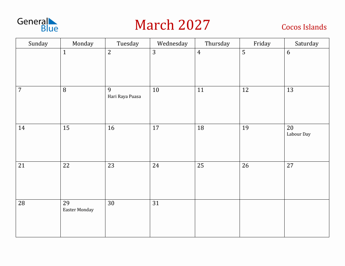 March 2027 Cocos Islands Monthly Calendar with Holidays