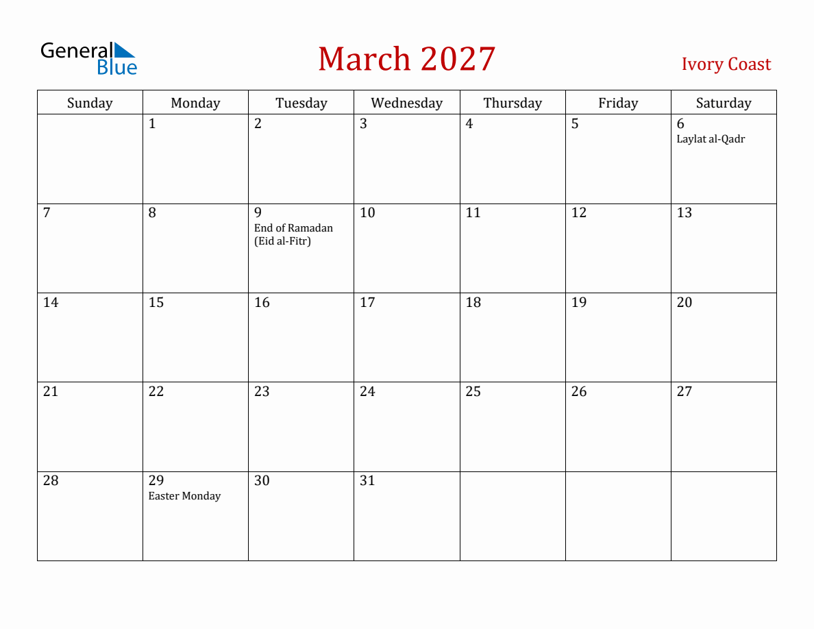 March 2027 Ivory Coast Monthly Calendar with Holidays