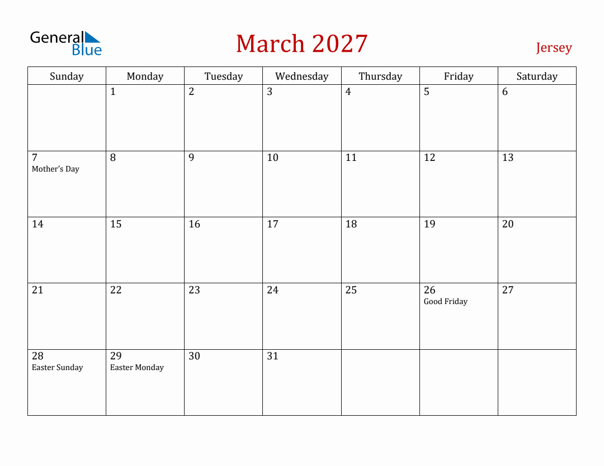 March 2027 Jersey Monthly Calendar with Holidays