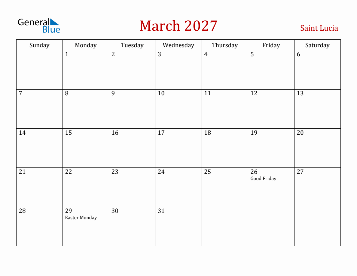 March 2027 Saint Lucia Monthly Calendar with Holidays
