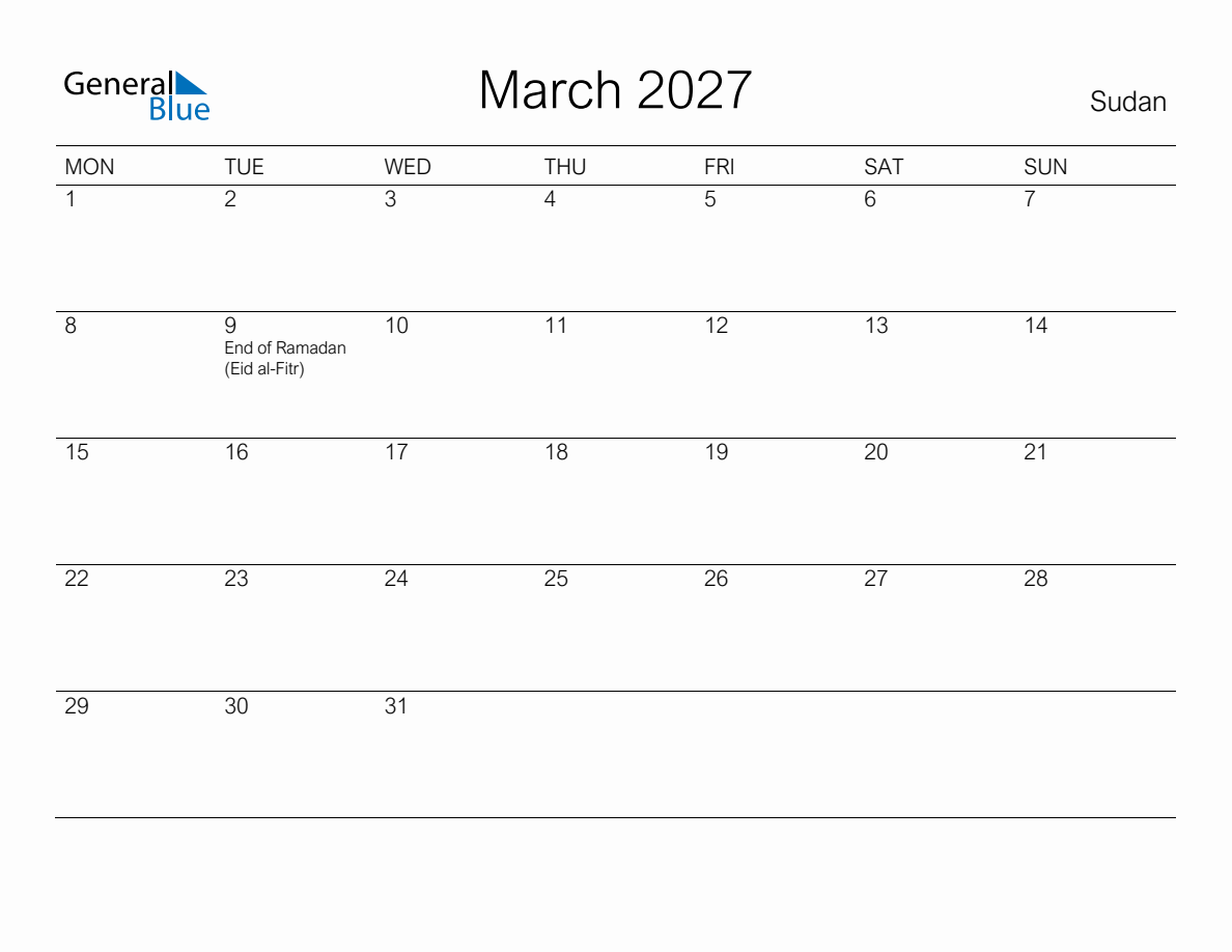 Printable March 2027 Monthly Calendar with Holidays for Sudan (Monday ...