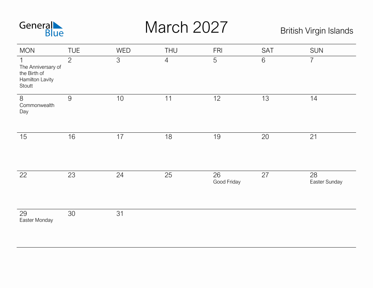 Printable March 2027 Monthly Calendar with Holidays for British Virgin ...