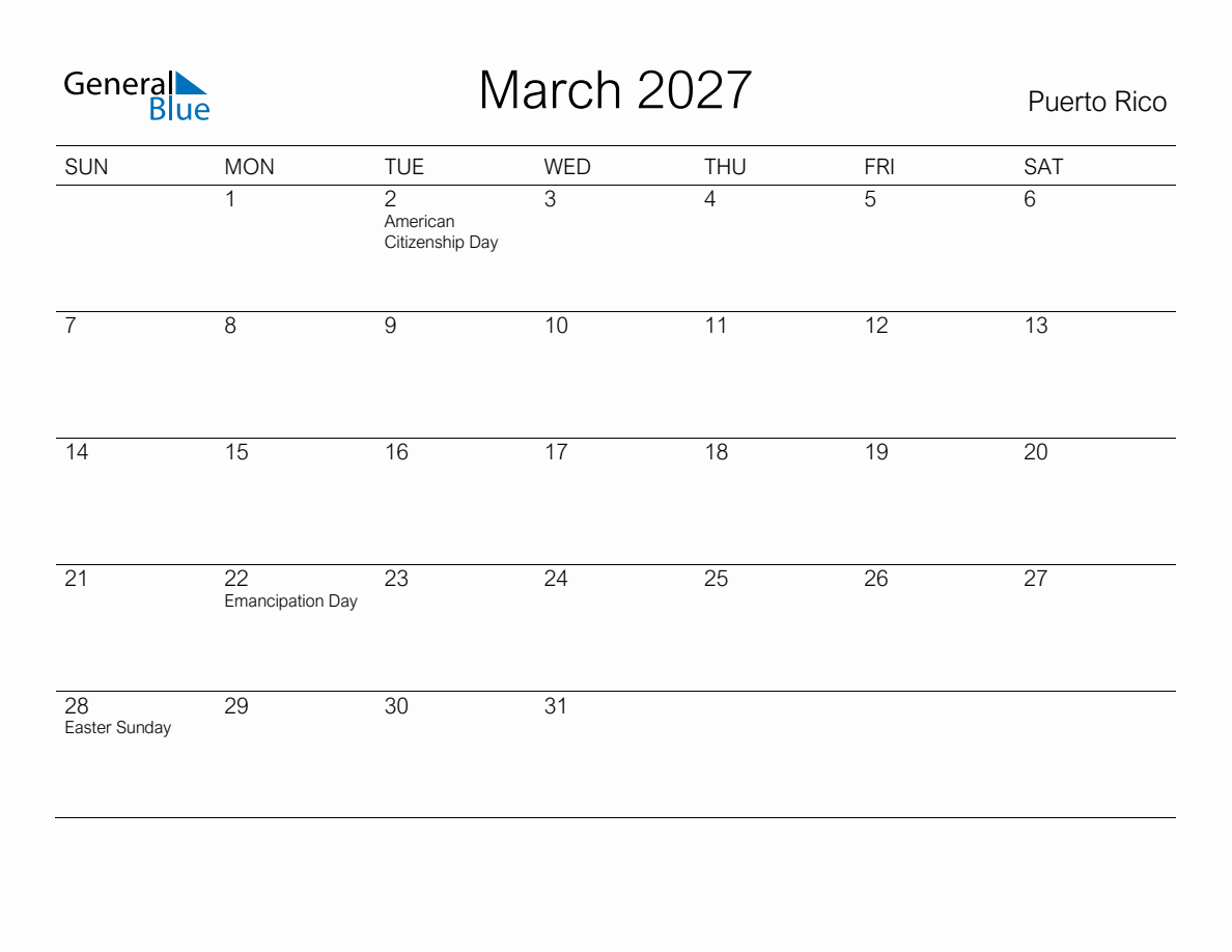 Printable March 2027 Monthly Calendar with Holidays for Puerto Rico