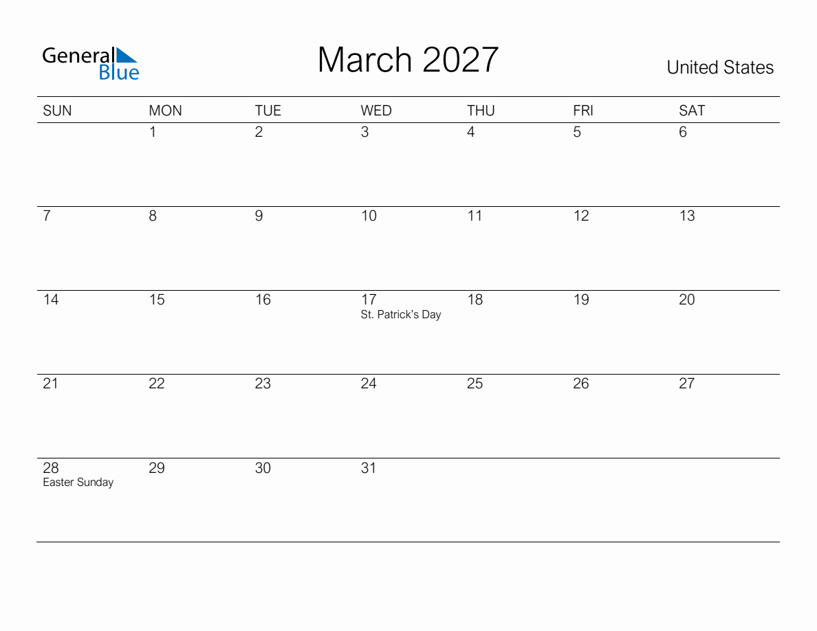 Printable March 2027 Monthly Calendar with Holidays for United States