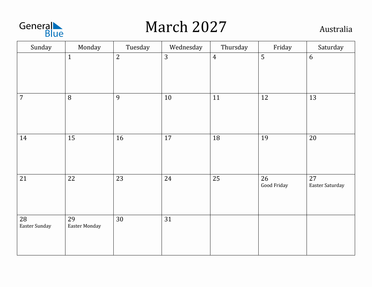 March 2027 Monthly Calendar with Australia Holidays