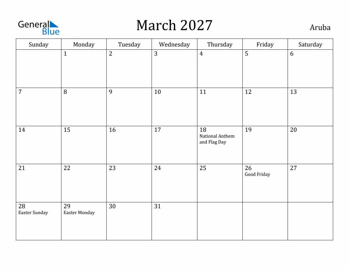 March 2027 Monthly Calendar with Aruba Holidays