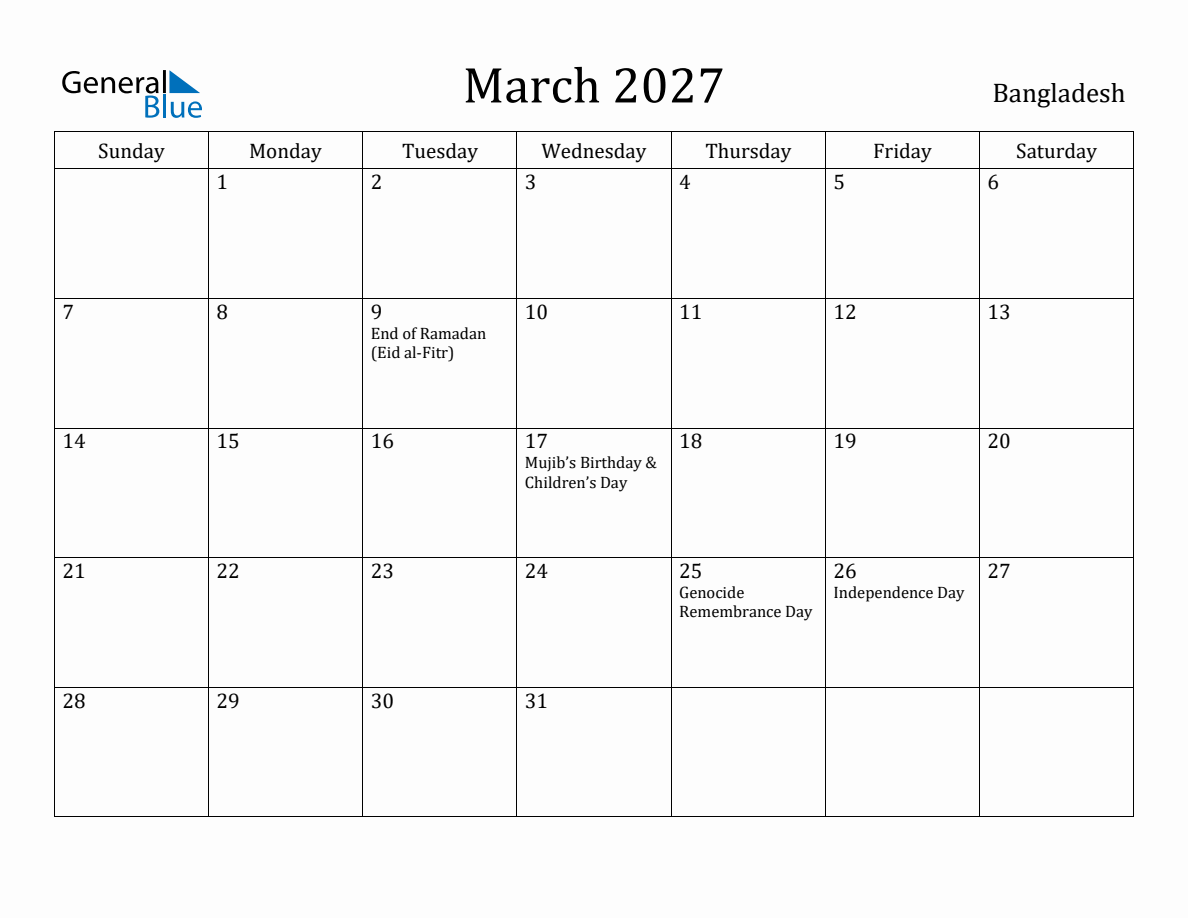 March 2027 Monthly Calendar with Bangladesh Holidays
