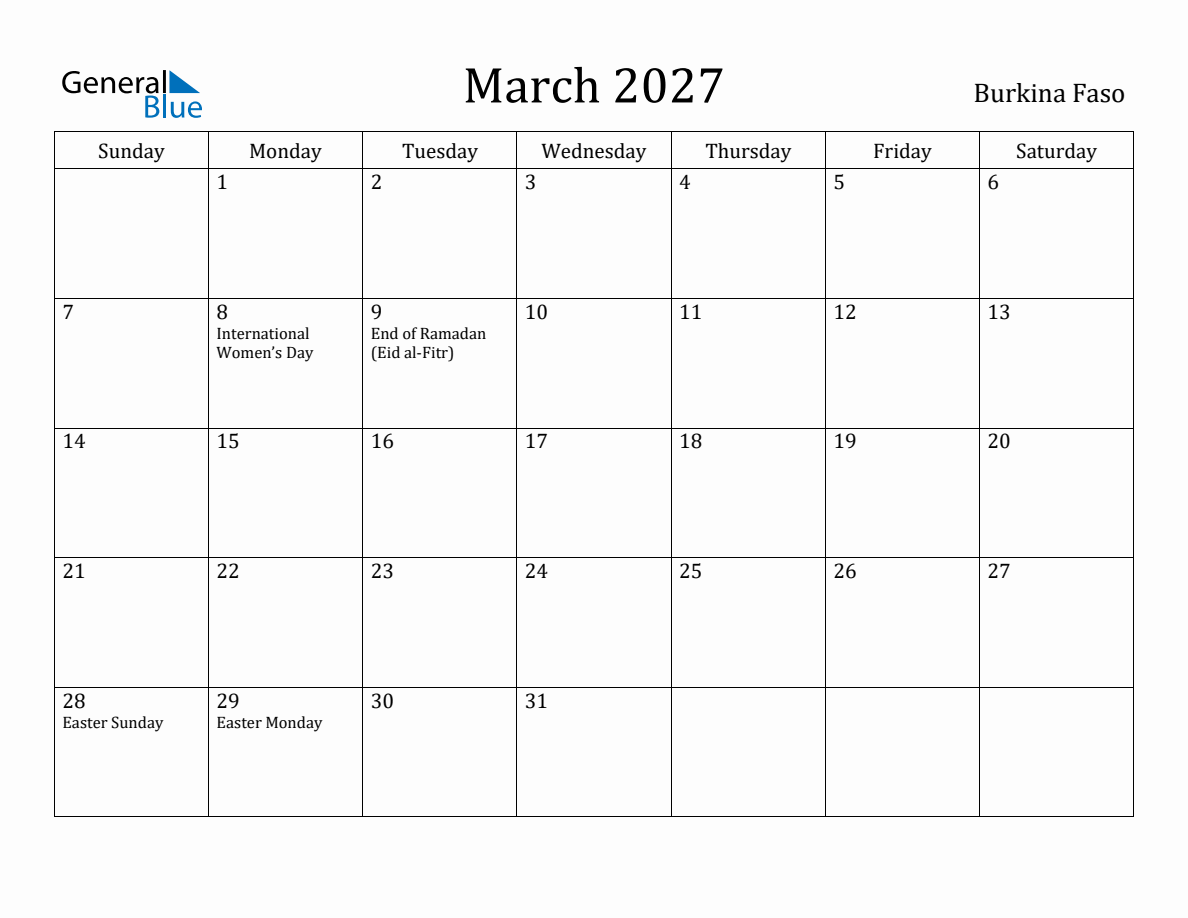 March 2027 Monthly Calendar with Burkina Faso Holidays