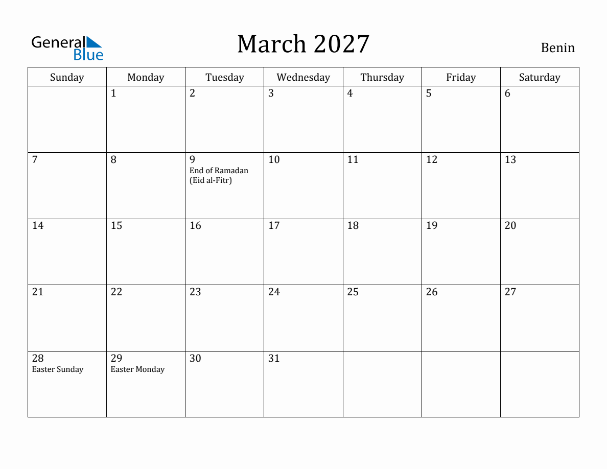 March 2027 Monthly Calendar with Benin Holidays