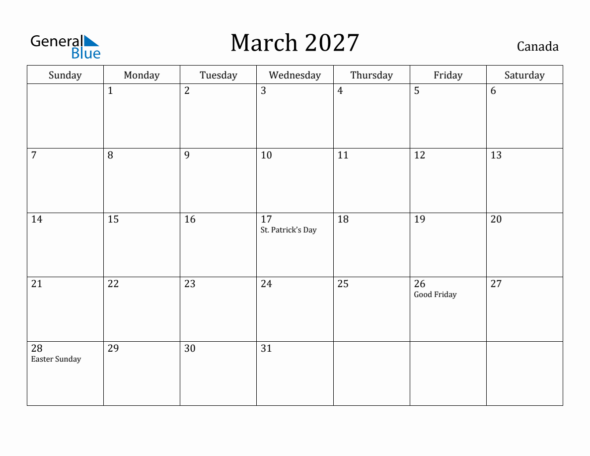 March 2027 Monthly Calendar with Canada Holidays