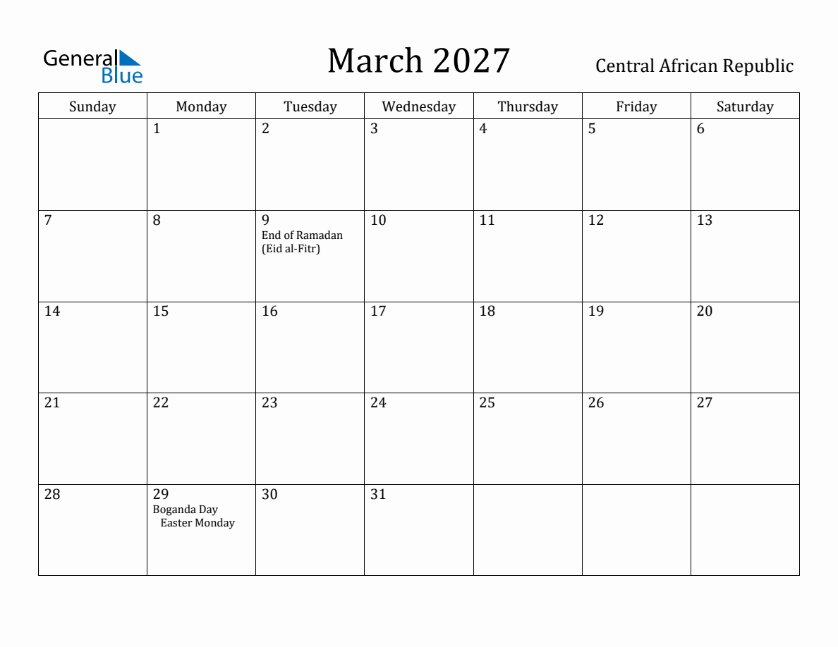 March 2027 Monthly Calendar with Central African Republic Holidays