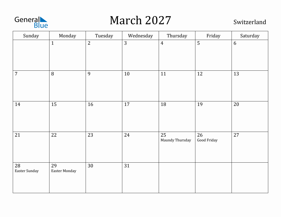 March 2027 Monthly Calendar with Switzerland Holidays