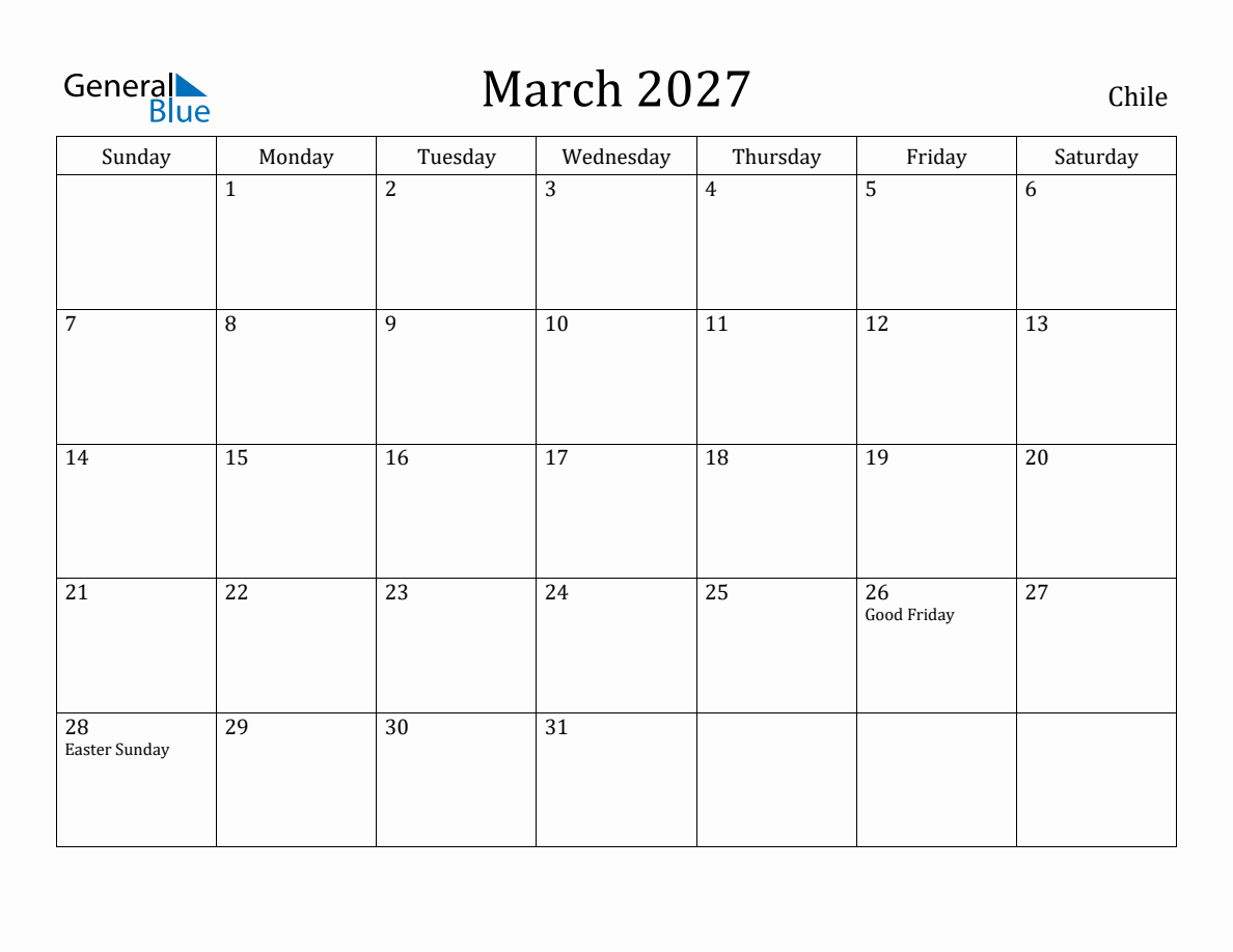 March 2027 Monthly Calendar with Chile Holidays