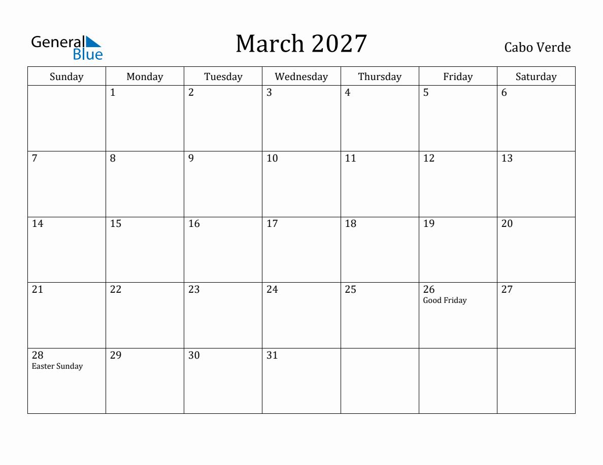 March 2027 Monthly Calendar with Cabo Verde Holidays