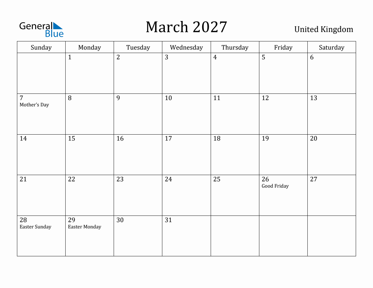 March 2027 Monthly Calendar with United Kingdom Holidays