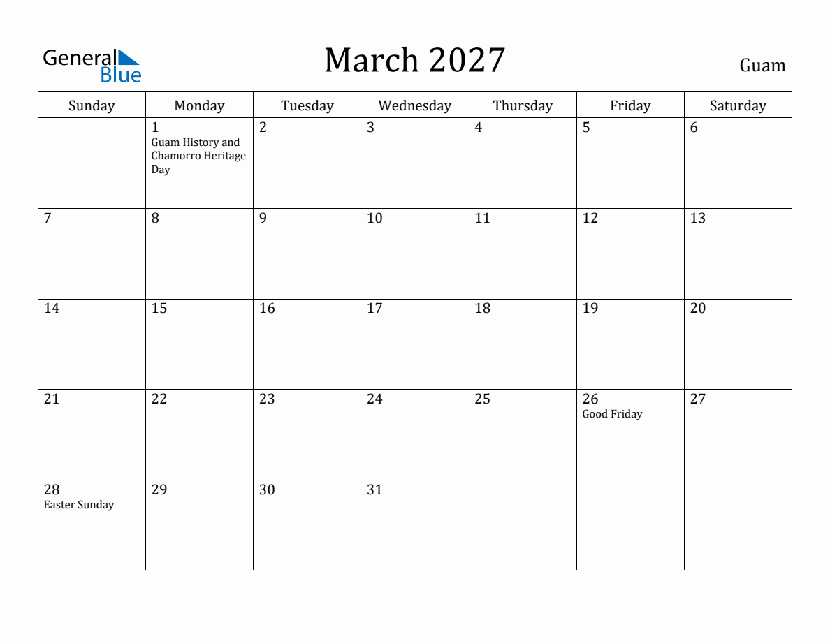 March 2027 Monthly Calendar with Guam Holidays