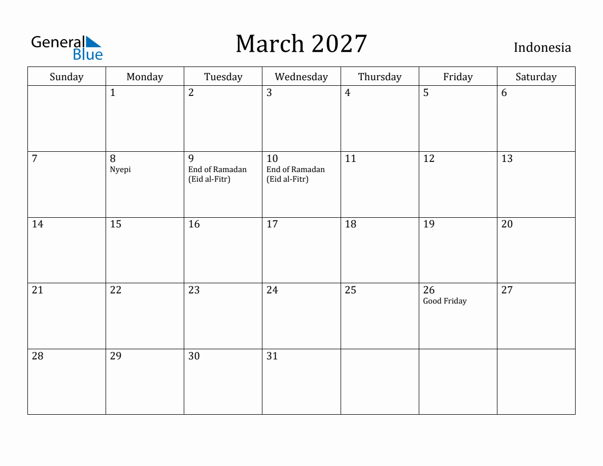 March 2027 Monthly Calendar with Indonesia Holidays