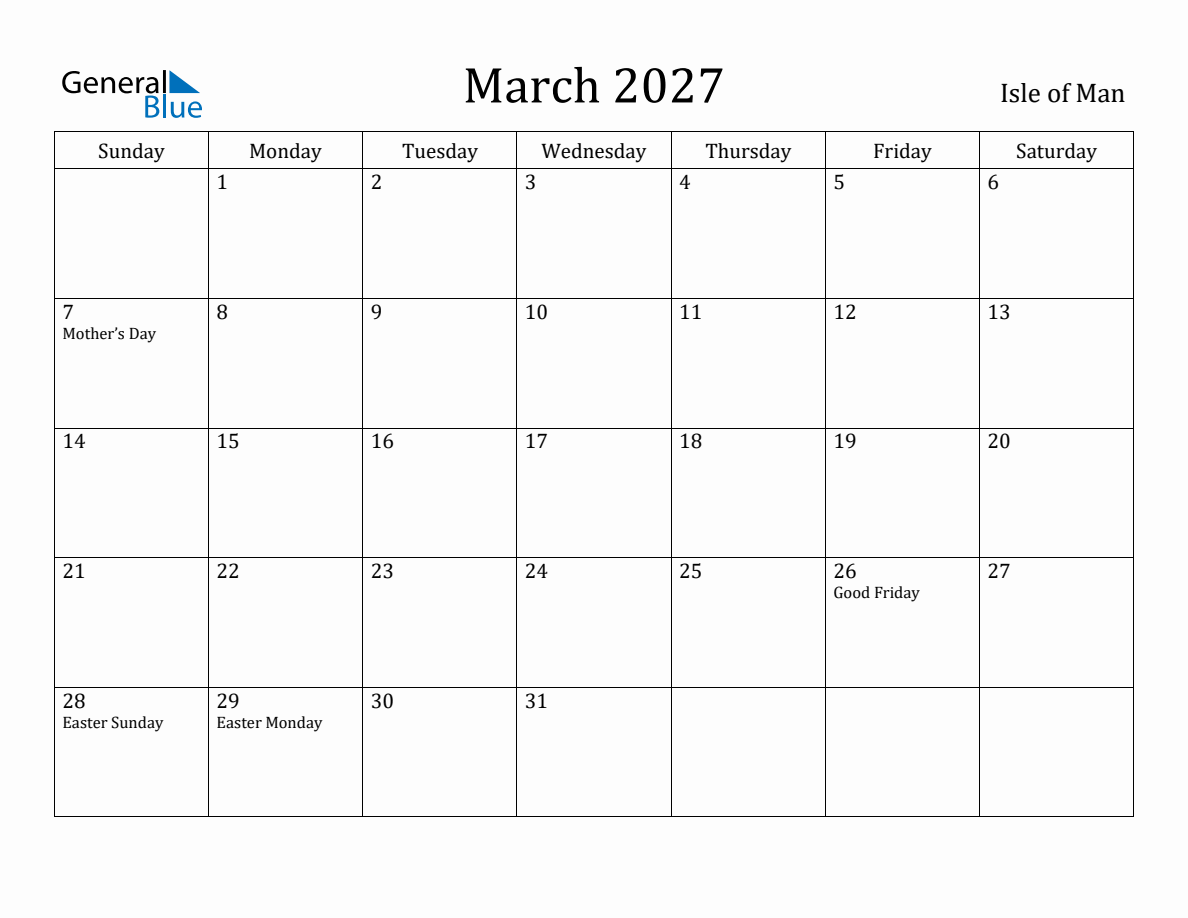 March 2027 Monthly Calendar with Isle of Man Holidays