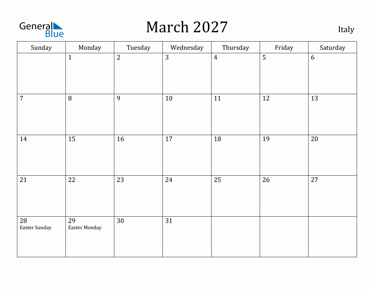 March 2027 Monthly Calendar with Italy Holidays