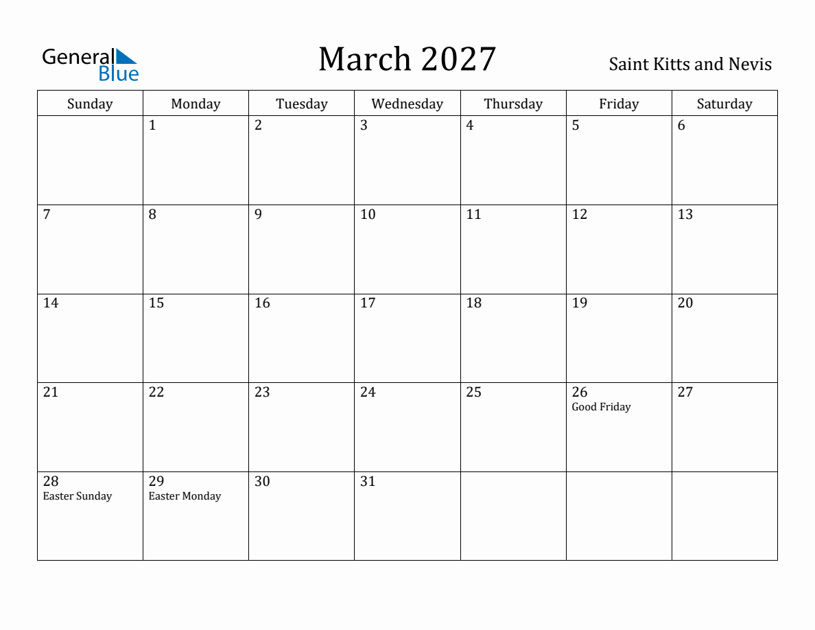 March 2027 Monthly Calendar with Saint Kitts and Nevis Holidays