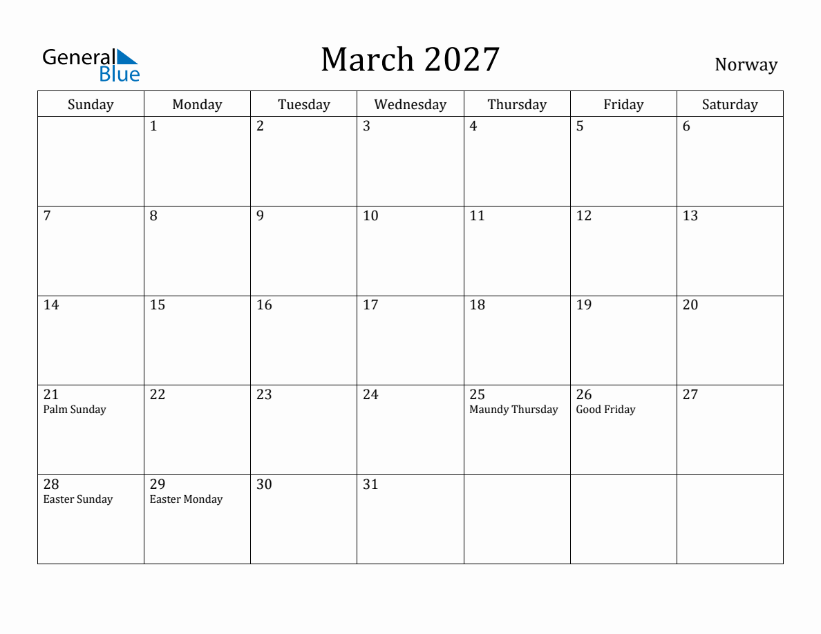 March 2027 Monthly Calendar with Norway Holidays