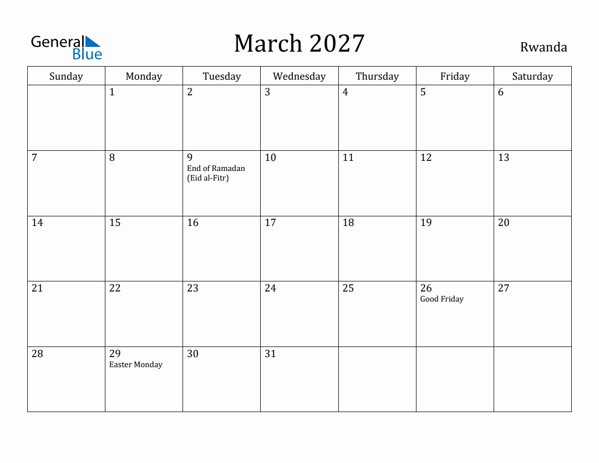 March 2027 Monthly Calendar with Rwanda Holidays