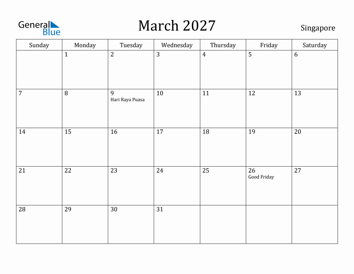 March 2027 Monthly Calendar with Singapore Holidays