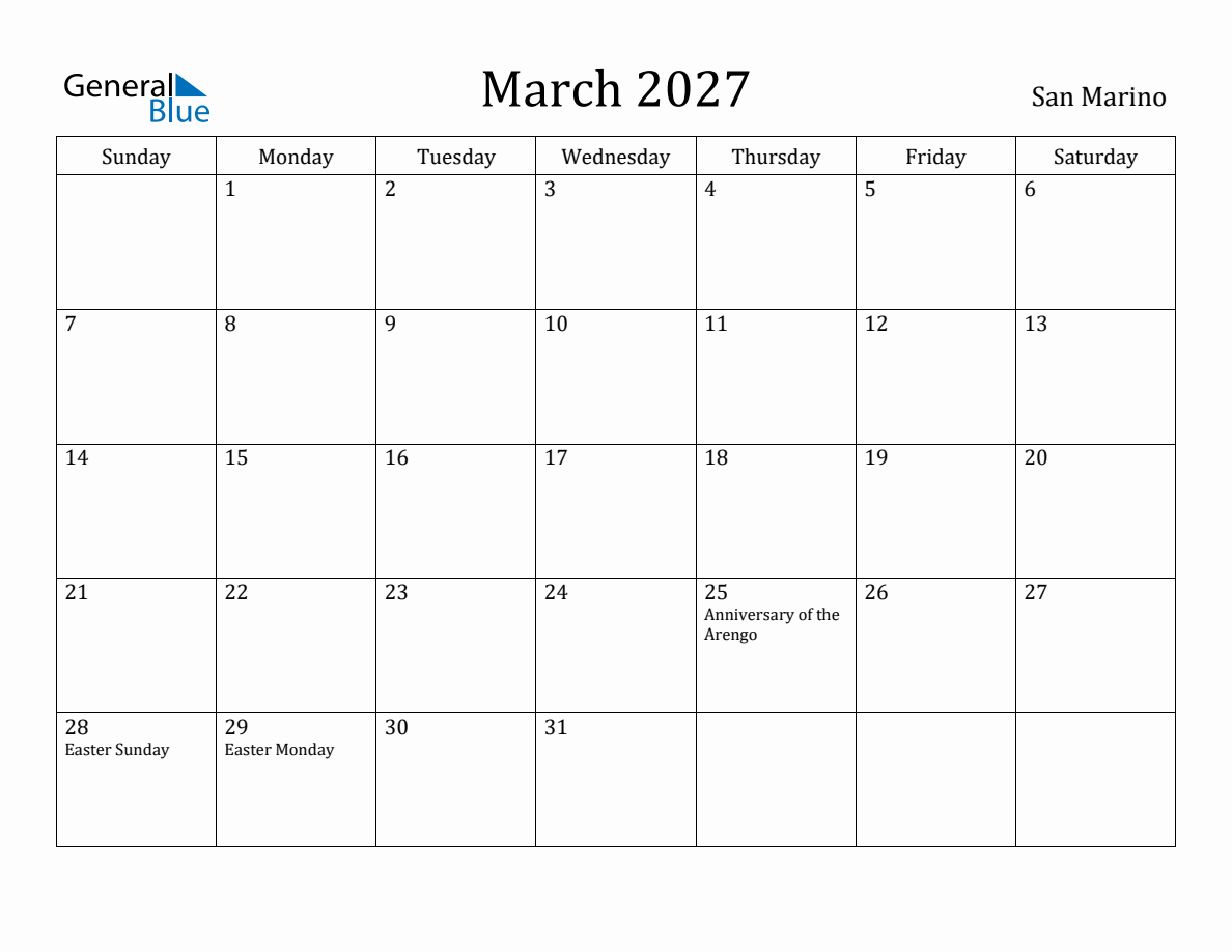 March 2027 Monthly Calendar with San Marino Holidays