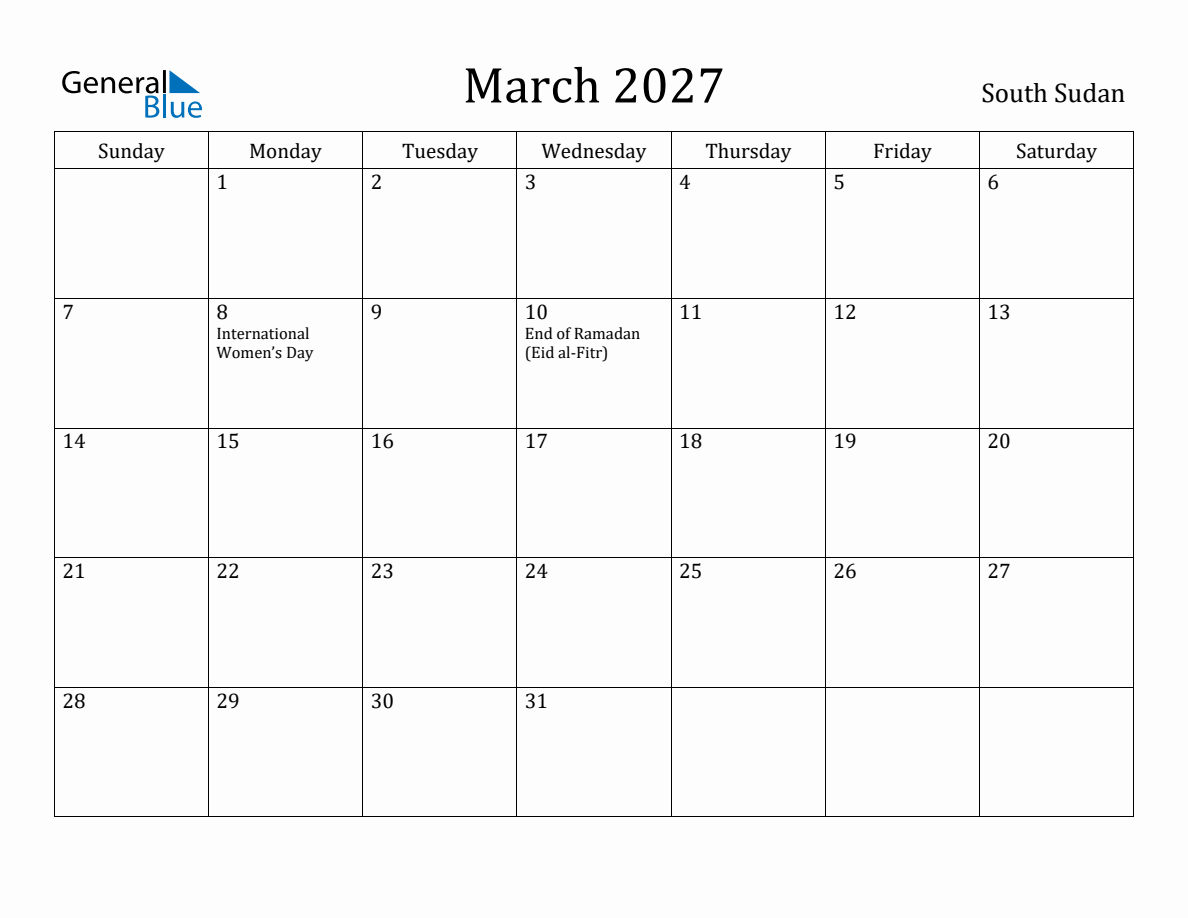 March 2027 Monthly Calendar with South Sudan Holidays
