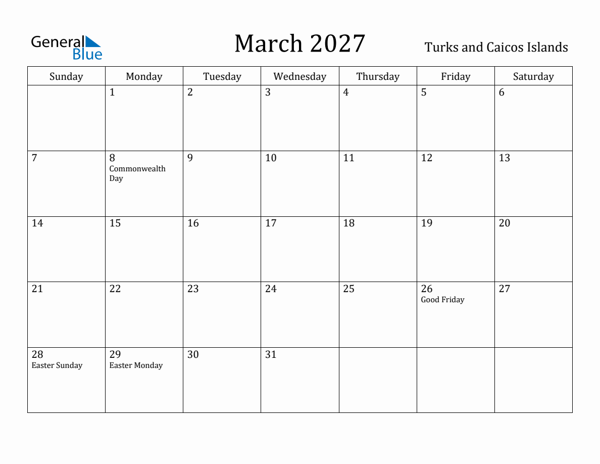 March 2027 Monthly Calendar with Turks and Caicos Islands Holidays
