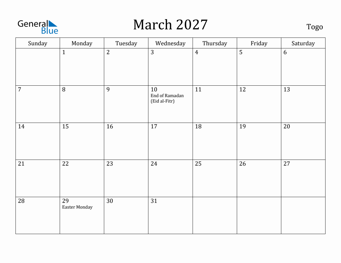 March 2027 Monthly Calendar with Togo Holidays