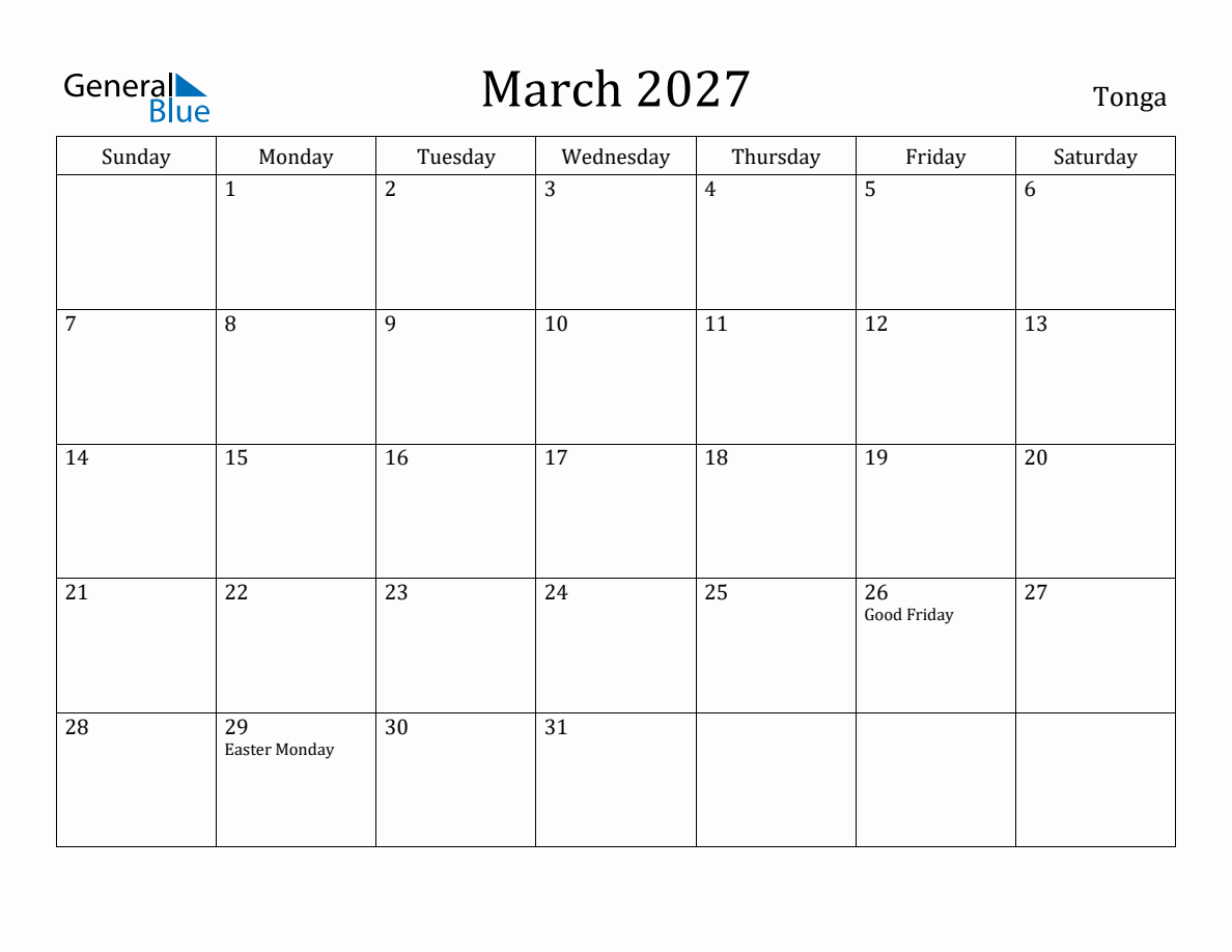 March 2027 Monthly Calendar with Tonga Holidays