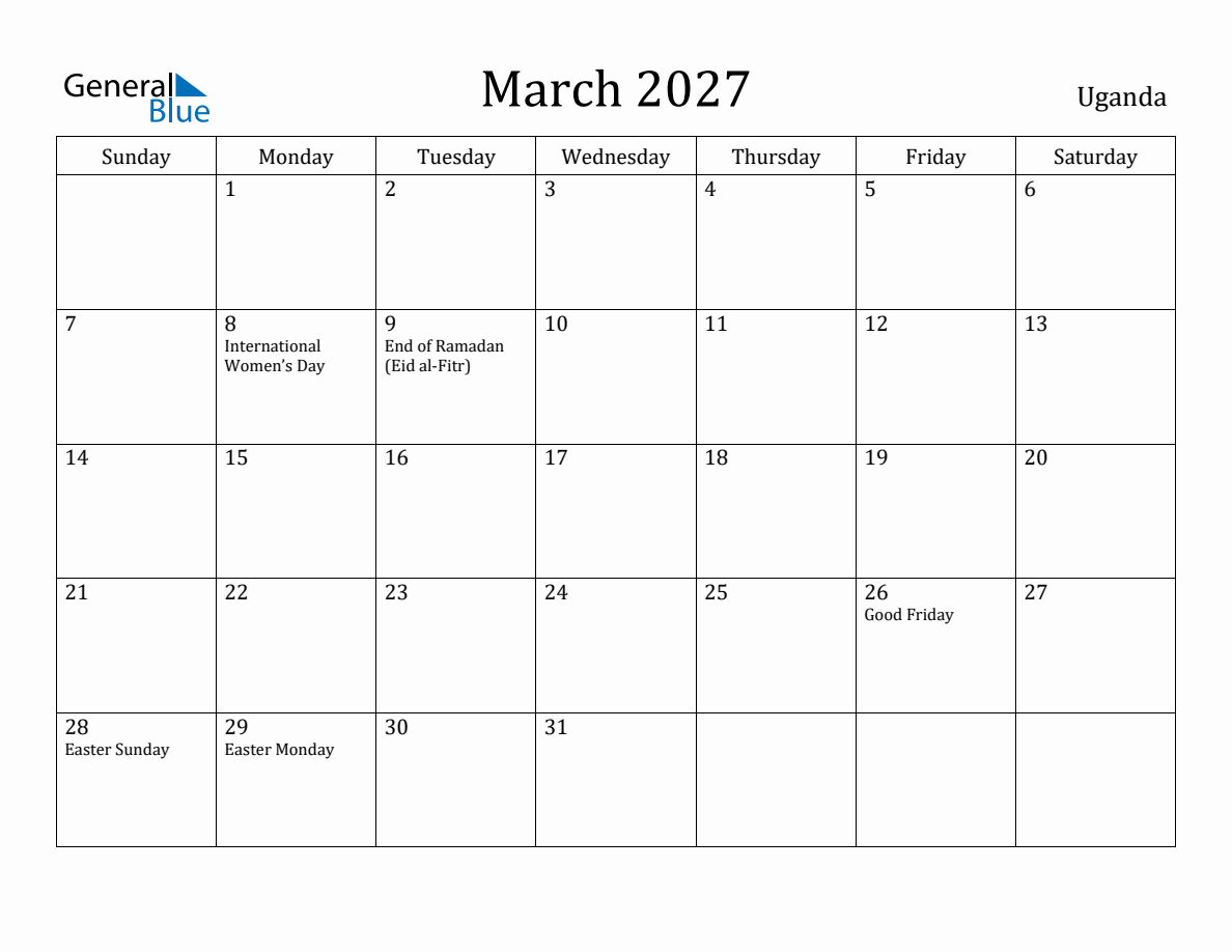 March 2027 Monthly Calendar with Uganda Holidays