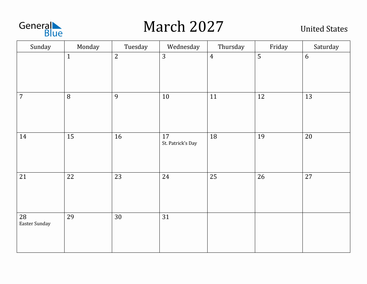 March 2027 Monthly Calendar with United States Holidays