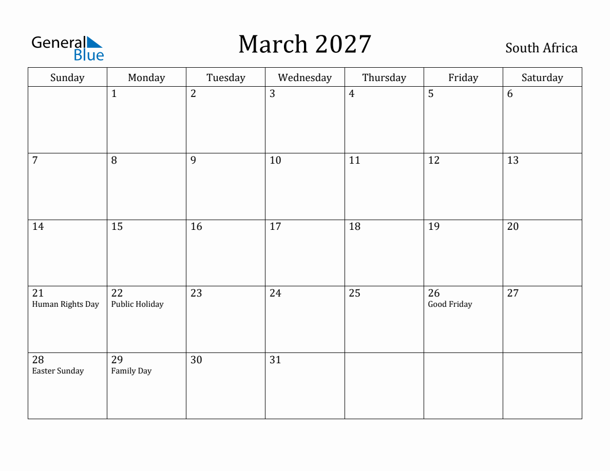 March 2027 Monthly Calendar with South Africa Holidays