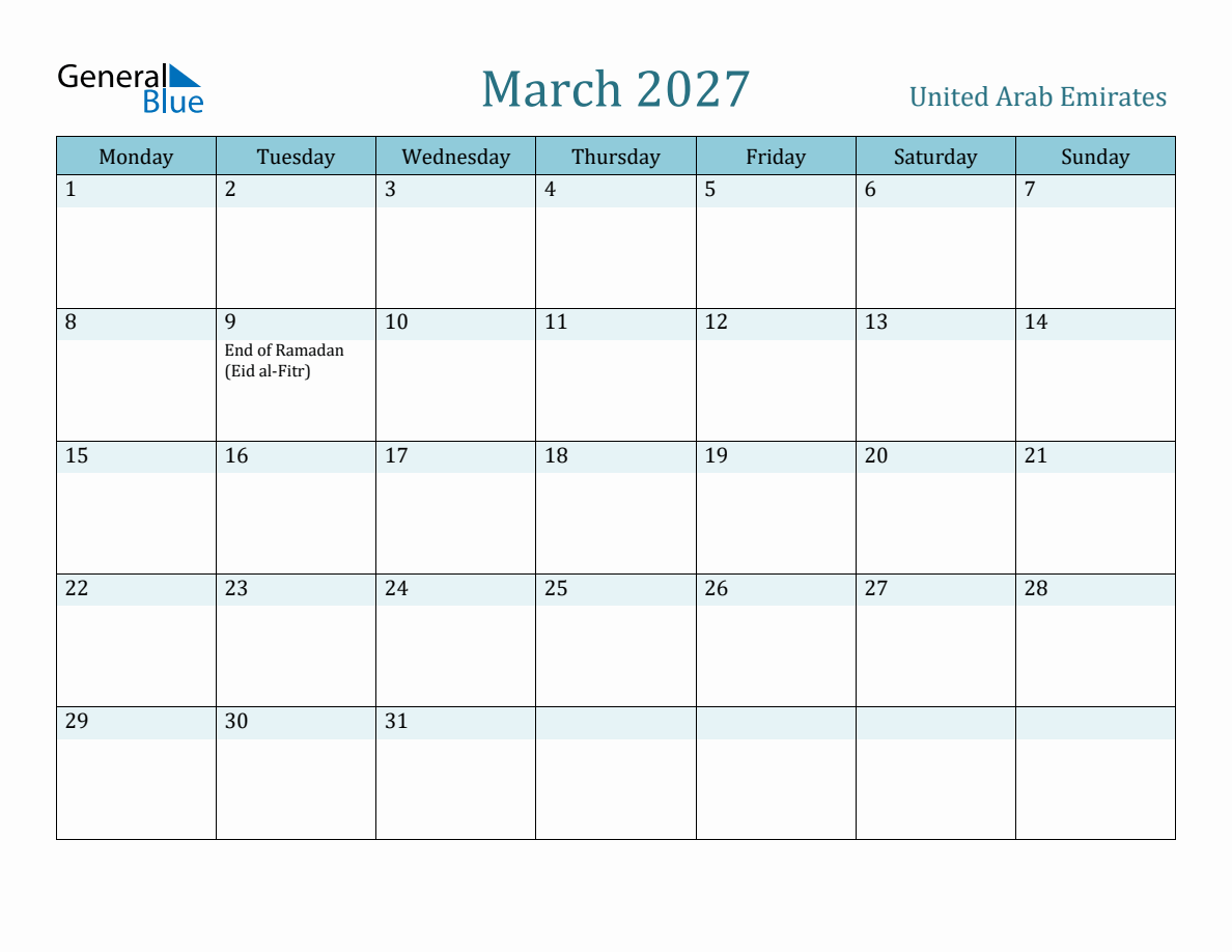 United Arab Emirates Holiday Calendar for March 2027 (Monday Start)