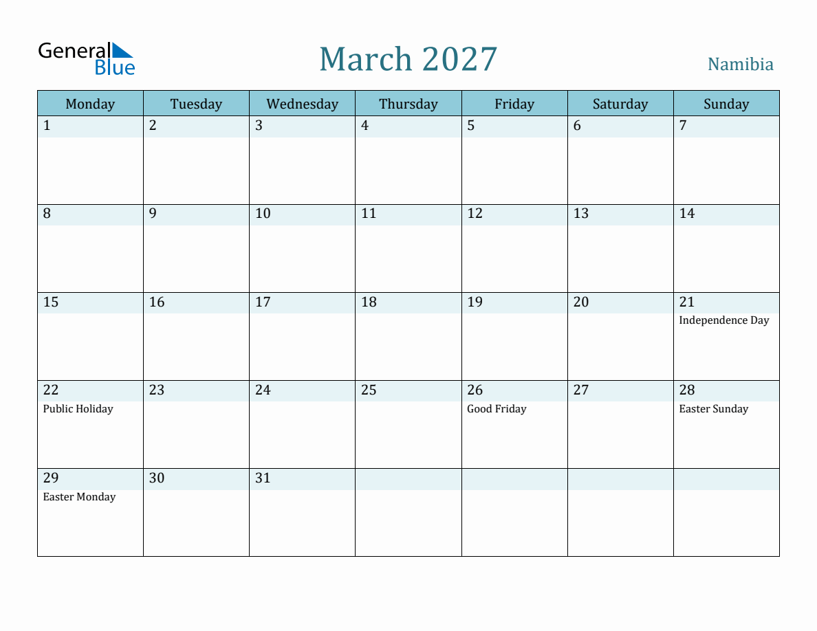 Namibia Holiday Calendar for March 2027