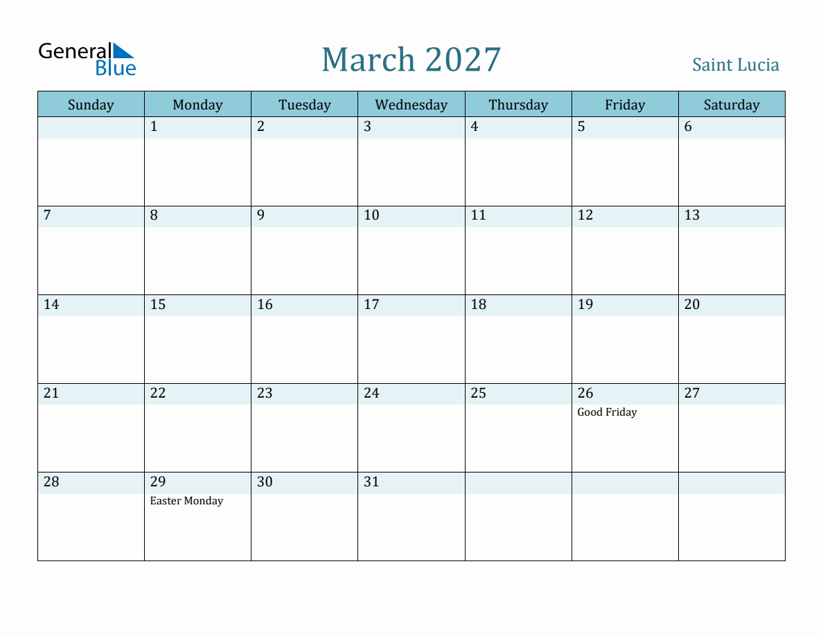 Saint Lucia Holiday Calendar for March 2027