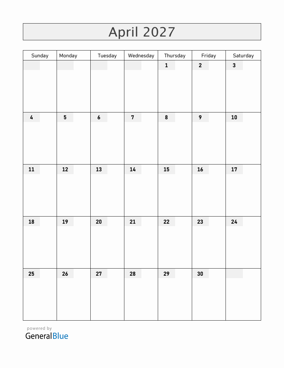 Blank April 2027 Calendar
