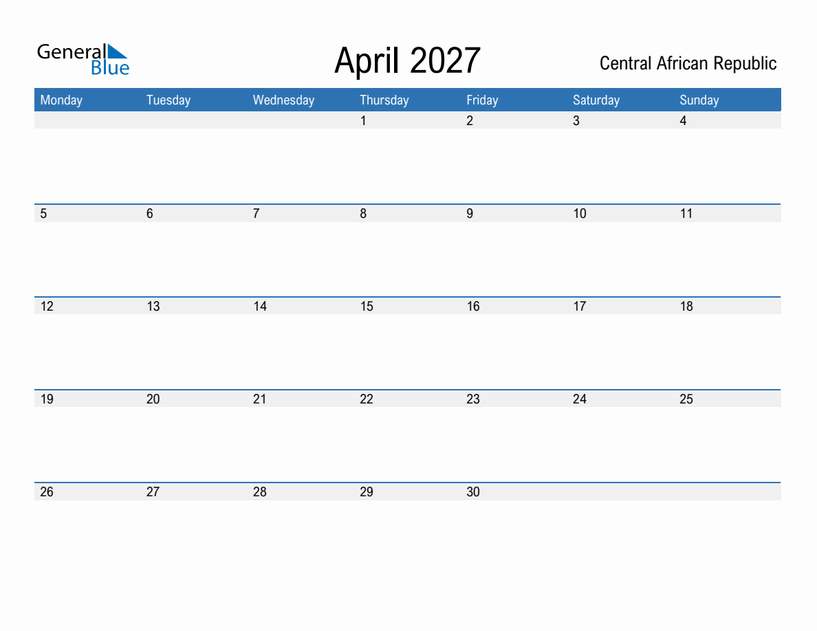 Editable April 2027 Calendar with Central African Republic Holidays ...