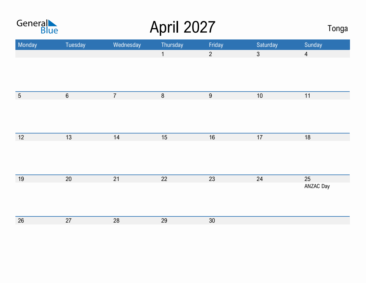 Editable April 2027 Calendar with Tonga Holidays (Monday Start)