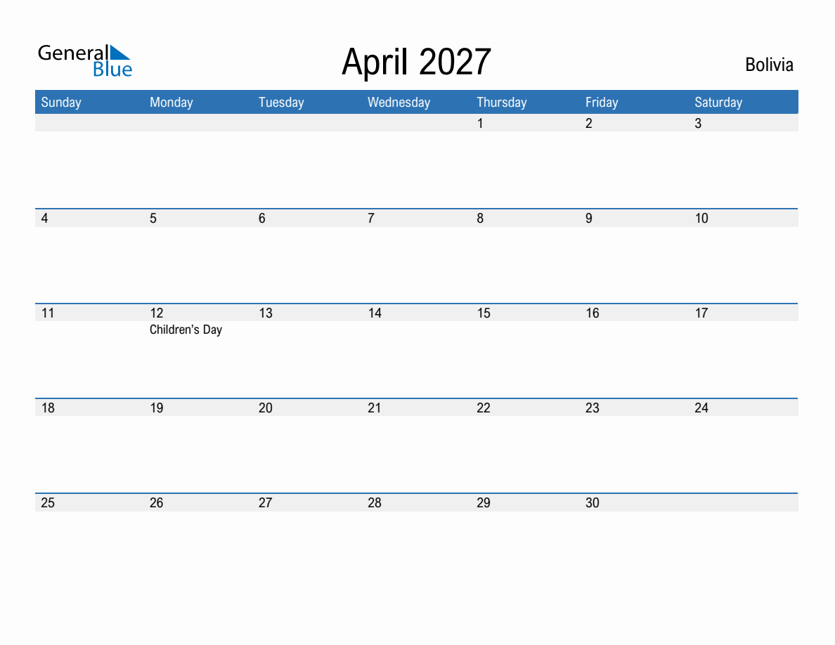 Editable April 2027 Calendar with Bolivia Holidays