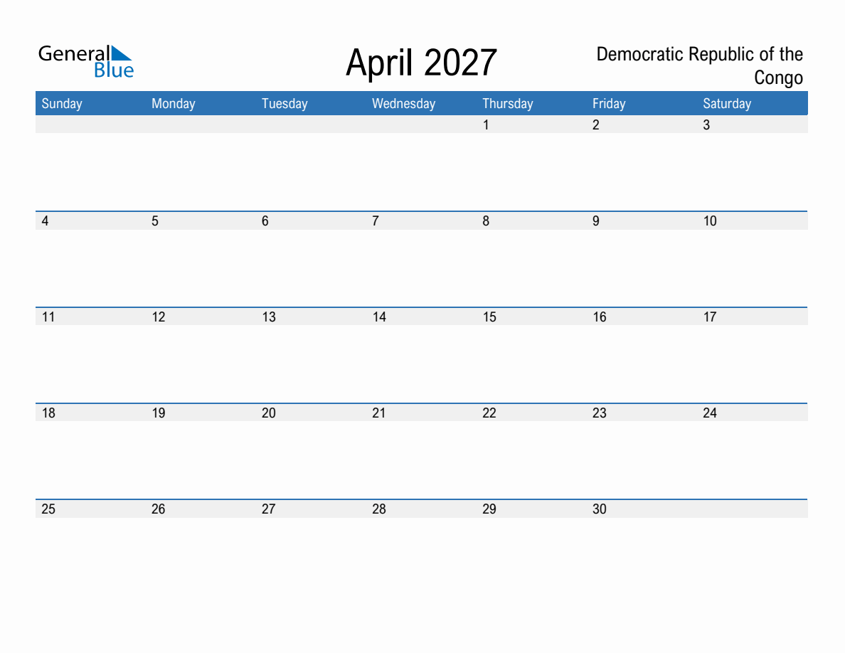 April 2027 Monthly Calendars with Democratic Republic of the Congo Holidays