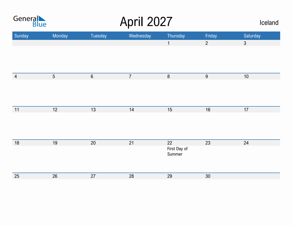 April 2027 Monthly Calendars with Iceland Holidays