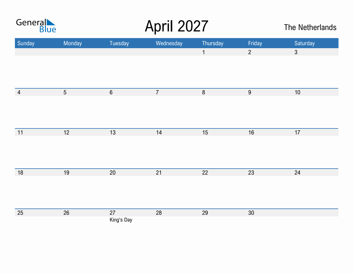 April 2027 Monthly Calendars with The Netherlands Holidays