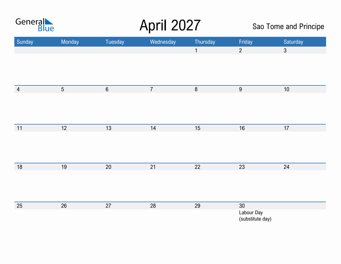 Editable April 2027 Calendar with Sao Tome and Principe Holidays