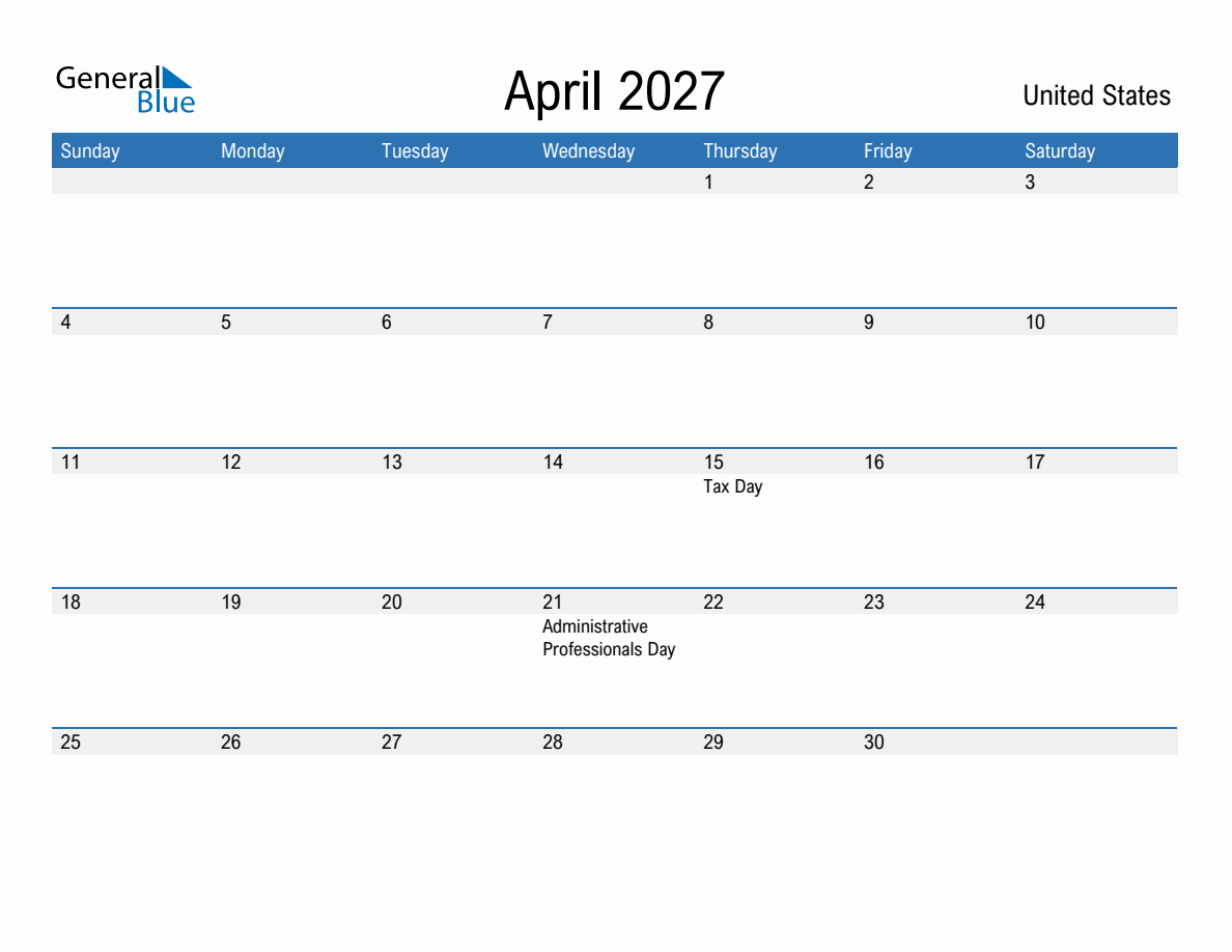April 2027 Monthly Calendars with United States Holidays