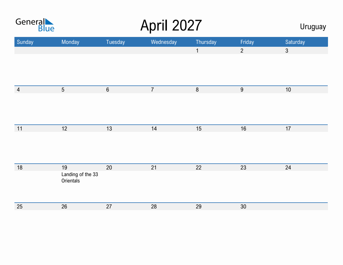 April 2027 Monthly Calendars with Uruguay Holidays
